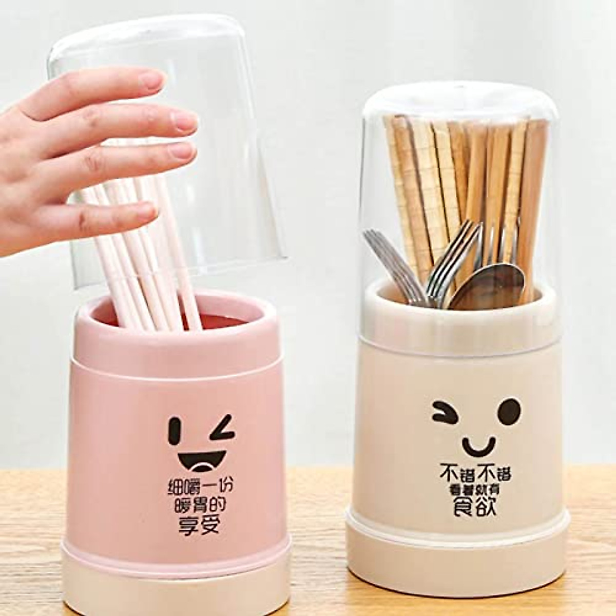 Cute Kitchen Utensil Holder for Countertop and Plastic Drainage Chassis Tableware Storage Container,Chopstick Holder Storage, Standing Cutlery Storage Organizer Caddy with Dustproof(pink)