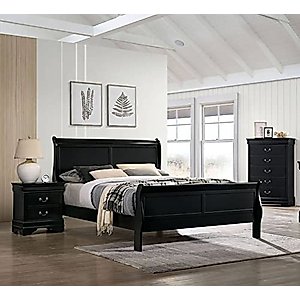 Epinki California King Size Bed Black Wood 1Pc Bed Bedroom Sleigh Bed, Bed Frame, Easy Assembly