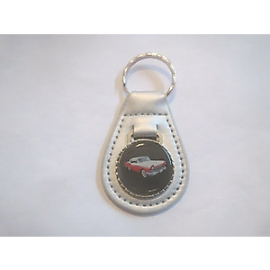 1957 FAIRLANE SUNLINER RED & WHITE CAR LOGO LEATHER KEYCHAIN - SILVER