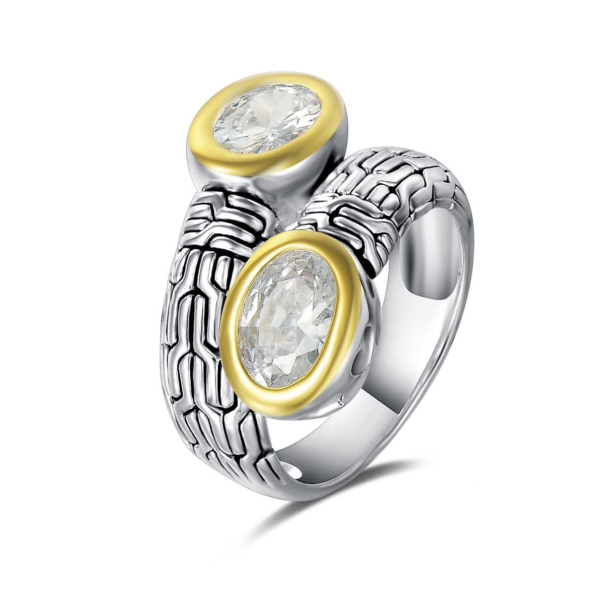 UNY JEWEL Jewelry Ring Multi Strand Foxtail Chain Woven Pattern Inlay 6 by 8 Oval CZ Vintage Antique Two Tone Elegant Designer Inspired Ring (Size 9 Black)