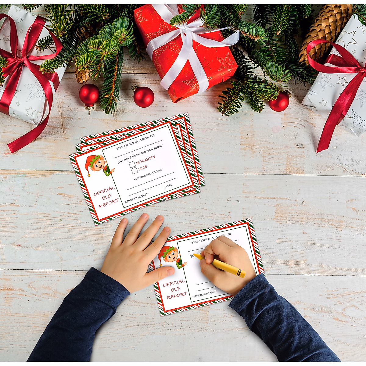 Gift Boutique 50 Elf Report Cards 4" x 6" Official Elves Report Notice Naughty or Nice Behavior Xmas Note Card Letter to Santa North Pole for Holiday Students & Kids Activities Stationery Set
