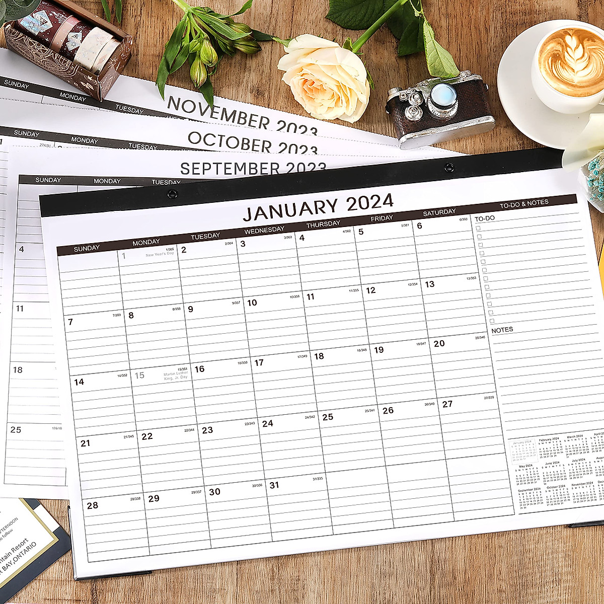 Desk Calendar 2023-2024 - Large Desk Calendar 2023-2024, Jan 2023 - Jun 2024, 17" x 12", Large Ruled Blocks, Desk Calendar with Tear Off Design, 2 Corner Protectors & 2 Hanging Hooks