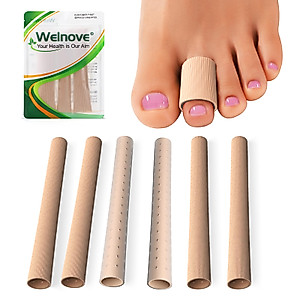 Welnove Toe Tubes Sleeves Protectors - 6 Pack Toe Cushions for Pain Relief - Fabric & Breathable Gel Lining Toe Protectors for Corns, Calluses, Blisters (Medium Size)
