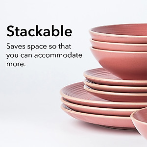 Arora RINGAR Round Stoneware 16pc Double Bowl Dinnerware Set for 4, Dinner Plates, Side Plates, Cereal Bowls, Pasta Bowls - Speckle Matte Red (395438)