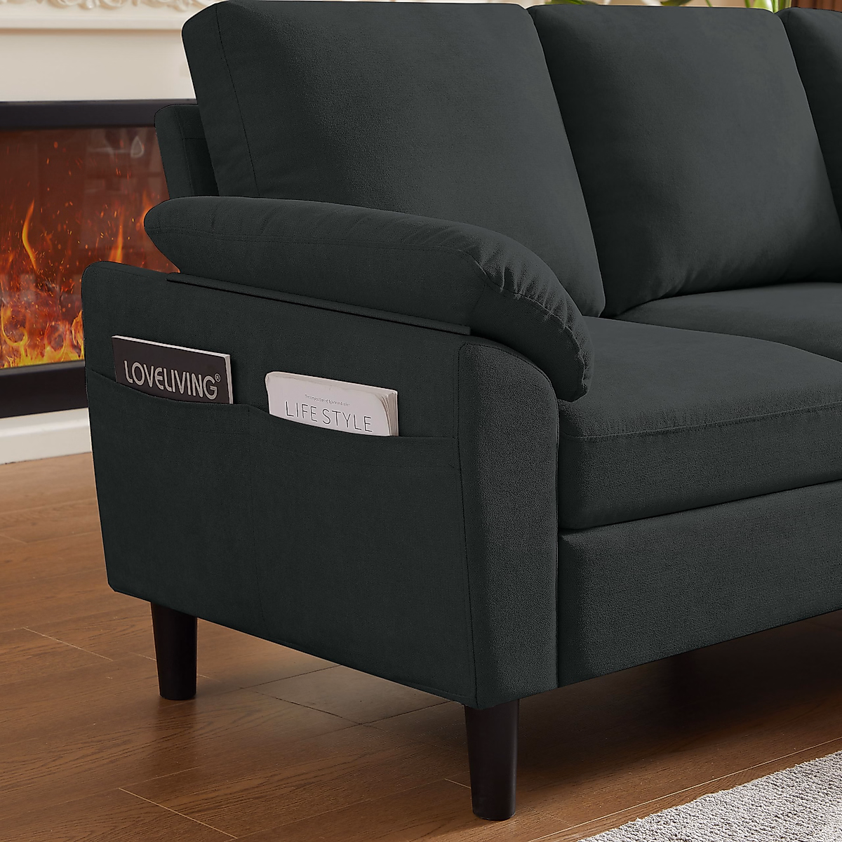 Pingliang Home 79" Convertible Sectional Sofa, Small L Shaped 3-Seat Couch with Reversible Chaise, Modern Linen Sofas Couches for Living Room, Apartment and Small Space, Black