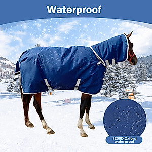 1200D Winter Waterproof Horse Trunout Blanket, 340g Warm Cotton Filling Liner with Turnout Neck Cover Detachable, Medium Weight Waterproof Horse Blanket (Back Length 78 inch / 145 CM)