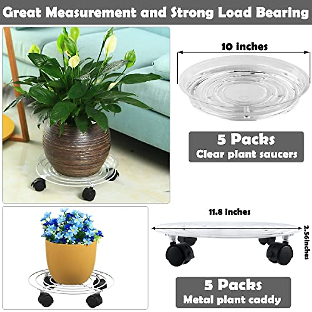 5 Packs Metal Plant Caddy with Locking Wheels 11.8” Heavy-Duty Wrought Iron Rolling Plant Stands with Casters Plant Dolly Plant Roller Base for Indoor and Outdoor Plant Pot Movers Saucers White