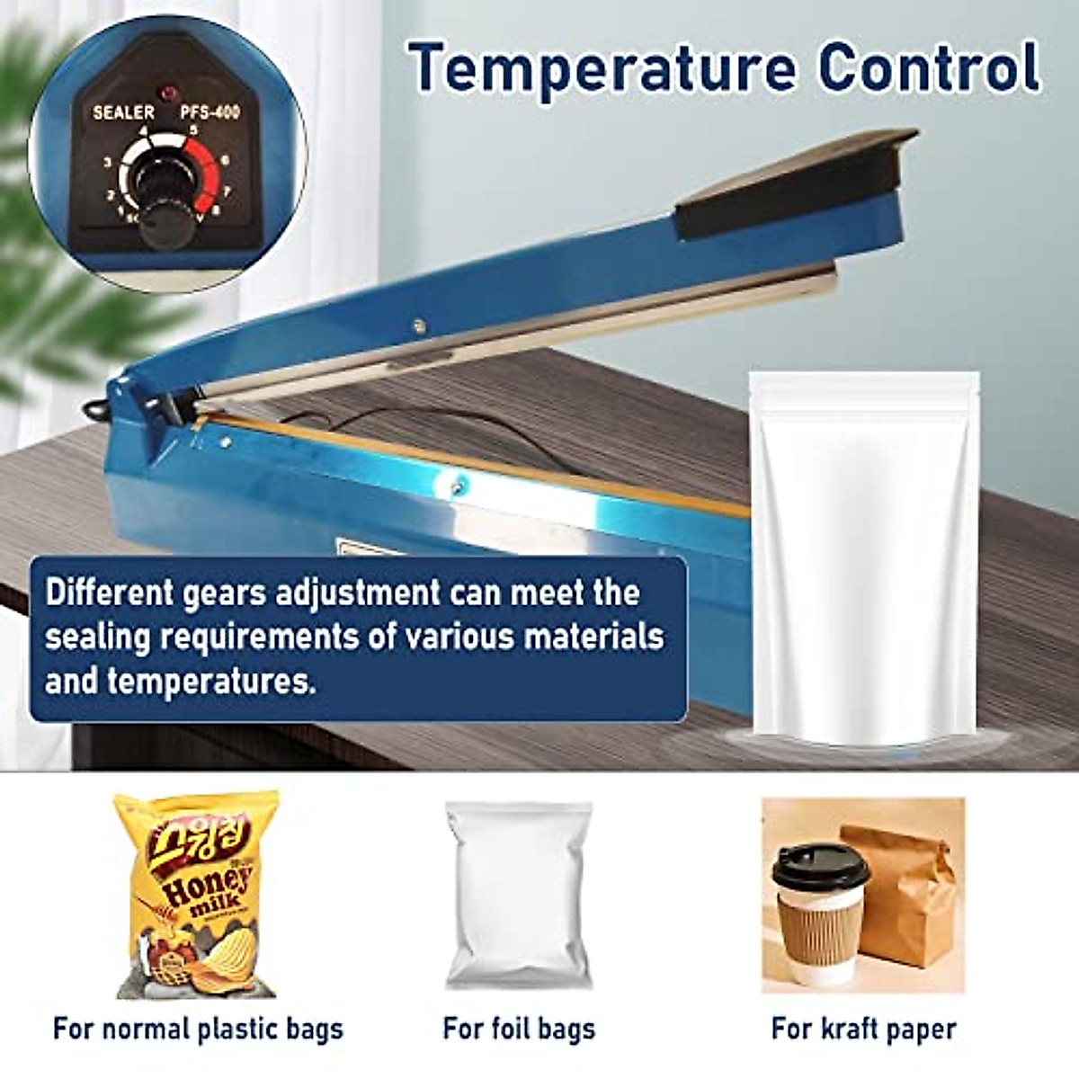 Impulse Heat Sealer 16Inch, Manual Sealing Machine with 4 Replace High-temperature Cloths, Adjustable Temperature Bags Sealer, Multiple Use for Plastics PE Mylar Kraft Paper Bags