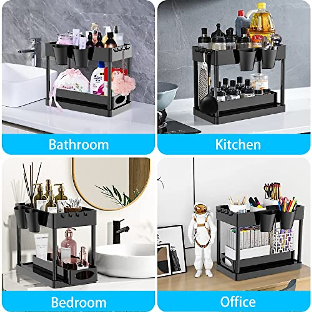 Sliding Under Sink Organizers and Storage, Mutsrd 2 Tier Pull Out Cabinet Organizer Basket, Under Sink Drawer Organizer with Hooks, Hanging Cups for Kitchen Bathroom
