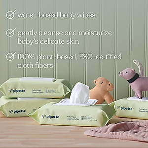 Pipette Baby Wipes - 100% Natural Plant-Derived Fibers, Unscented, Water-Based & Alcohol-Free for Sensitive Skin, Clean, Safe, Gentle, Newborn Essentials Must Haves, 50 Count (Pack of 1)