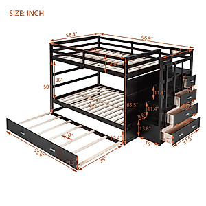 Full Over Full Bunk Bed with Stairs and Trundle, Kids Full Size Bunk Beds with Storage Drawers, Wood Trundle Bunk Beds with Guardrail for Kids Teens Adults,Espresso