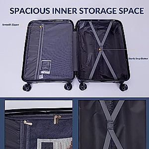 Tripcomp Luggage Sets Wear-Resistance Hardside Lightweight Suitcase Double Spinner Wheels, TSA Lock,Two Hooks, Scratch-resistant Carry-on,3 Piece Set(20inch 24inch 28inch) (Jet Black)