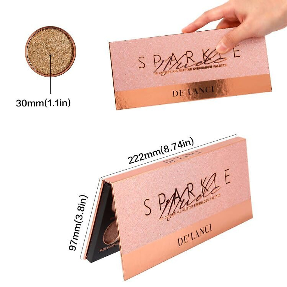 10 Color All Glitter Eyeshadow Palette, DE'LANCI Shimmer Sparkle Metallic Eye Makeup, Neutral Nude Smokey Highly Pigmented Ultra-Blendable Powder Eyeshadow, Talc Free, Hypoallergenic, Vegan