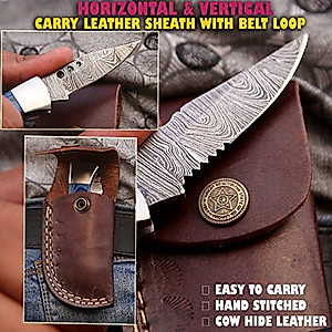 Handmade Damascus pocket knife for men with leather sheath | 2 Pcs Tactical Folding Pocket knife Set with Back Lock | Best Edc Bushcraft knifes for Fishing, Camping, Hiking | Damascus steel Blade Foldable hunting Belt knife with Horizontal Carry sheath |