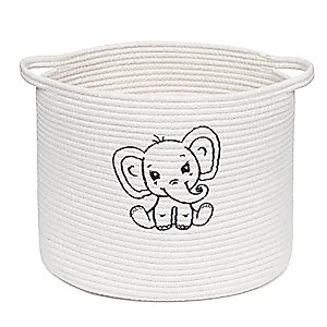 OHTY - Nursery Baby Basket with Cute Elephant, Toy Basket, Nursery Basket, Blanket Basket, 14”x11”x12 (White)