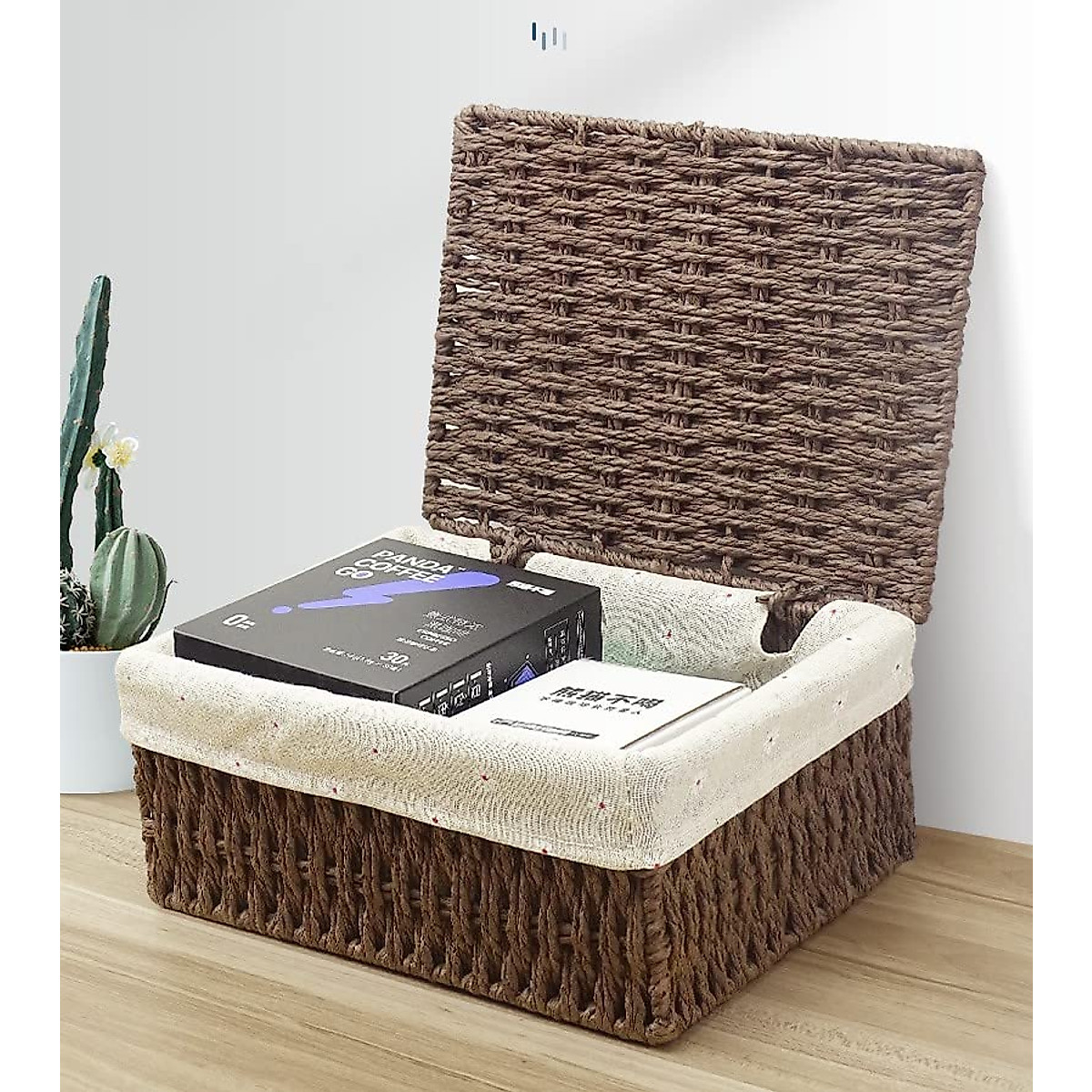 Straw Desktop Storage Basket Desktop Is Not Messy Used For Storage Of Daily Necessities Bedroom Kitchen Storage Box Cloth Art Dustproof Three-Piece Set (Beige)