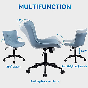 YOUNIKE Office Chair, Armless Desk Chair with Wheels, Aesthetic Home Office Computer Task Chairs, Modern Faux Leather Upholstered Vanity Chair, Adjustable Swivel Rocking Chair with Back, Blue