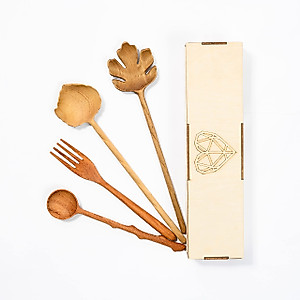 JABIHOME 4 Wooden Spoons and Forks Set, Hostess Gifts for Women, Valentines Day Gifts for Her, Cooking Gifts for Women, Valentines Day Decor, Engagement Gifts for Her
