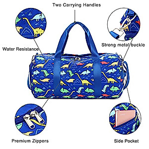 CAMTOP Kids Duffel Overnight Bag Boys Girls Weekender Carry-On Personalized Tote for Travel Gym Sport (Dinosaur-Dark Blue)