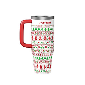 FOHGEE Christmas Style 40oz Stainless Steel Tumbler with Handle - Keep Drinks Cold & Hot All Season! (Red Santa)