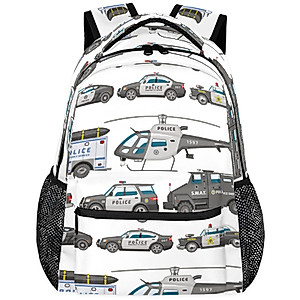 TropicalLife Police Car Larger Student Backpack, Policeman Motorbike Waterproof School Bag For Teen Girls Boys