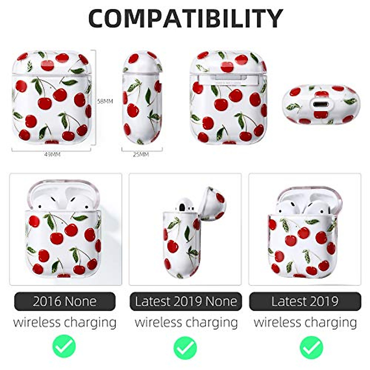AKABEILA Airpods Case Cover,Compatible with Apple Airpods 2 Case Cute Patterns Hard PC Custom Designer Airpods Case Clear Shockproof [Front LED Visible ] Anti-Fall Full Protector, Cherry