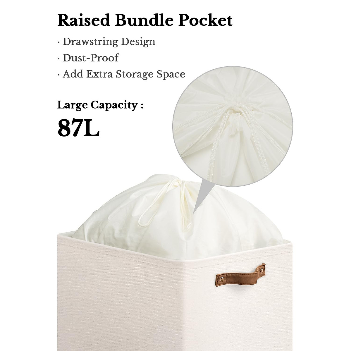 StorageWorks Fabric Storage Bin with Drawstring Closure, Foldable Storage Baskets for Organizing, Closet Storage Bins with PU Handles, Beige, Large, 3-Pack