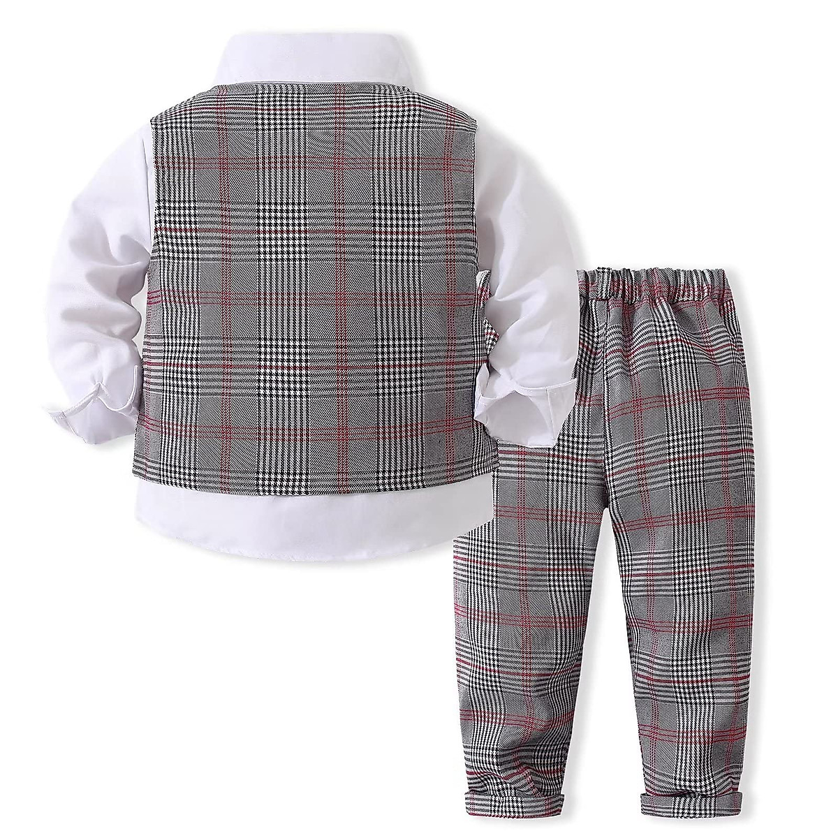 Infant White Long Sleeve Dress Shirts Plaid Vest Check Pant with Bowtie Gentleman Outfits for Baby Boys 12-18M