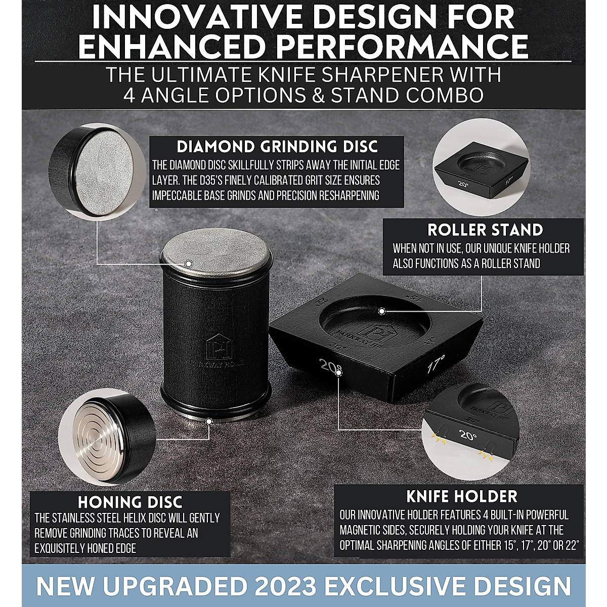 Black Roller Sharpener for Knives with Leather Strop - Knife Sharpener Kit with 15, 17, 20 & 22 Degree Angles - Roller Knife Sharpening System Stand, Holder & Eraser