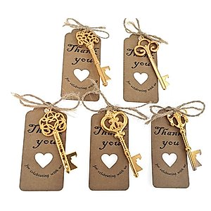50pcs Skeleton Key Bottle Opener Wedding Party Favor Souvenir Gift with Escort Tag and Jute Rope(Golden Tone,5 styles)