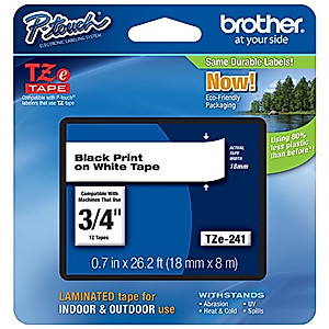 Genuine Brother 3/4" (18mm) Black on White TZe P-Touch Tape for Brother PT-E300, PTE300 Label Maker with Free TZe Tape Guide Included