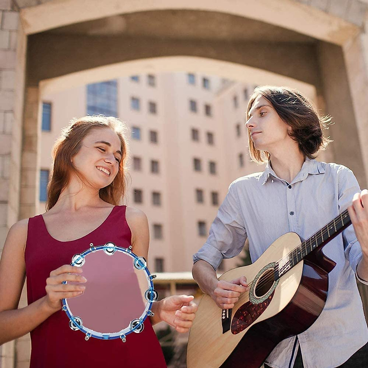 Vilihkc Tambourine Adjustable Tone Hand Drum Double Row Metal Jingles Hand Bell Performance Level Handheld Percussion