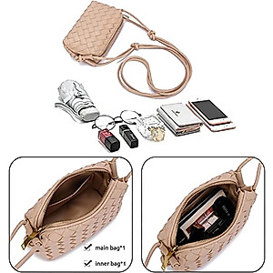 Woven Crossbody Bags for Women，Fashion Leather Lightweight Handbags Shoulder Bag Phone Wallet Purse Stylish Ladies Messenger Bags，Apricot