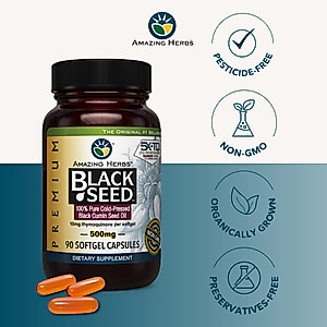 Amazing Herbs Premium Black Seed Oil Capsules - Cold Pressed Nigella Sativa Aids in Digestive Health, Immune Support, Brain Function, Gluten Free, Non GMO - 90 Count, 500mg