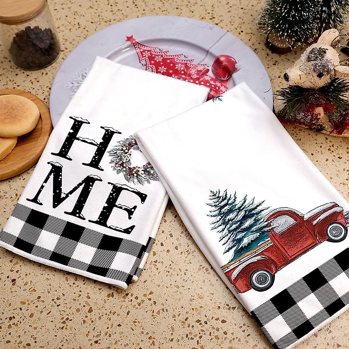 ARKENY Christmas Dish Towels for Christmas Decor Black Buffalo Plaid Kitchen Towels 18x26 Inch Xmas Wreath Snow Washcloths Seasonal Noel Red Truck Home Hand Towel for Cooking Set of 2