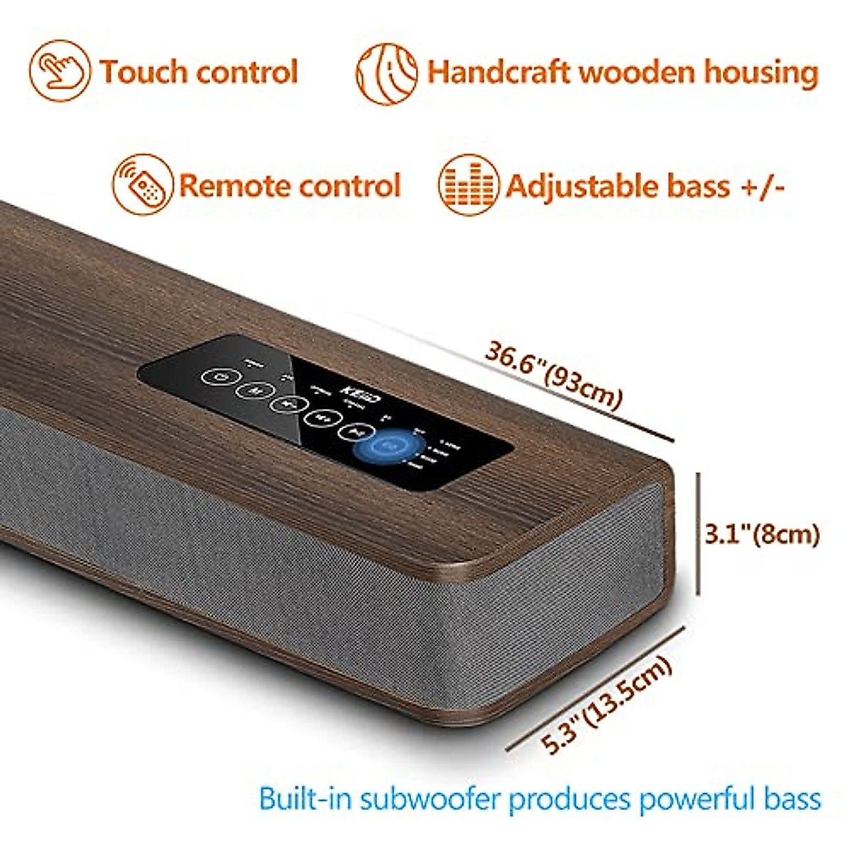 KEiiD Sound Bar for TV 2.1 CH Wooden Soundbar with Built-in Subwoofer, Bluetooth HDMI(ARC)/ Optical/Coaxial/RCA Connection, 4 EQ Modes Optional for Home Theater TV Speakers