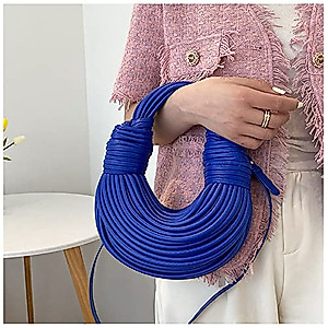 Knotted Woven Tote Bag Handbag For Women Hand Woven Bread Messenger Bag Soft Leather Top Handle Handbag Shoulder Bag (Blue)