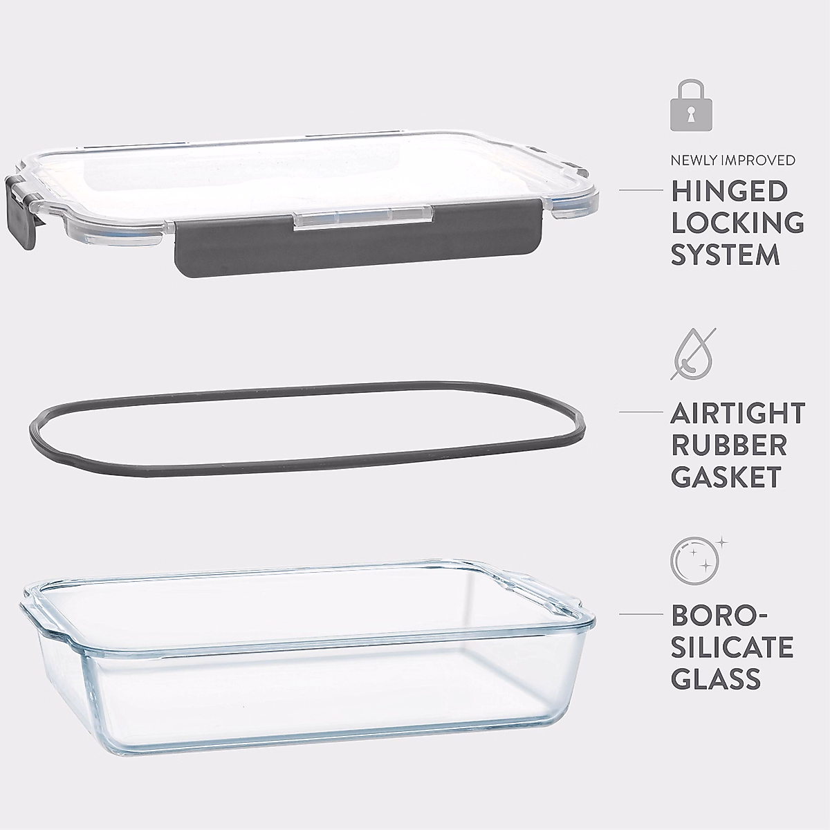 Superior Glass Casserole Dish with lid - 2-Piece Glass Bakeware And Glass Food Storage Set - 100% Leakproof Casserole Dish set with Hinged BPA-free Locking lids - Freezer-to-Oven-Safe Baking Dish Set.