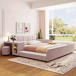 Velvet Upholstered Grounded Bed Platform Bed, Wooden Queen Size Mother & Child Bed Frame with Bedside Desk and Little Round Stool, Kids Adults Bedroom Furniture Floor Bed Platform Bed (Pink Bed)
