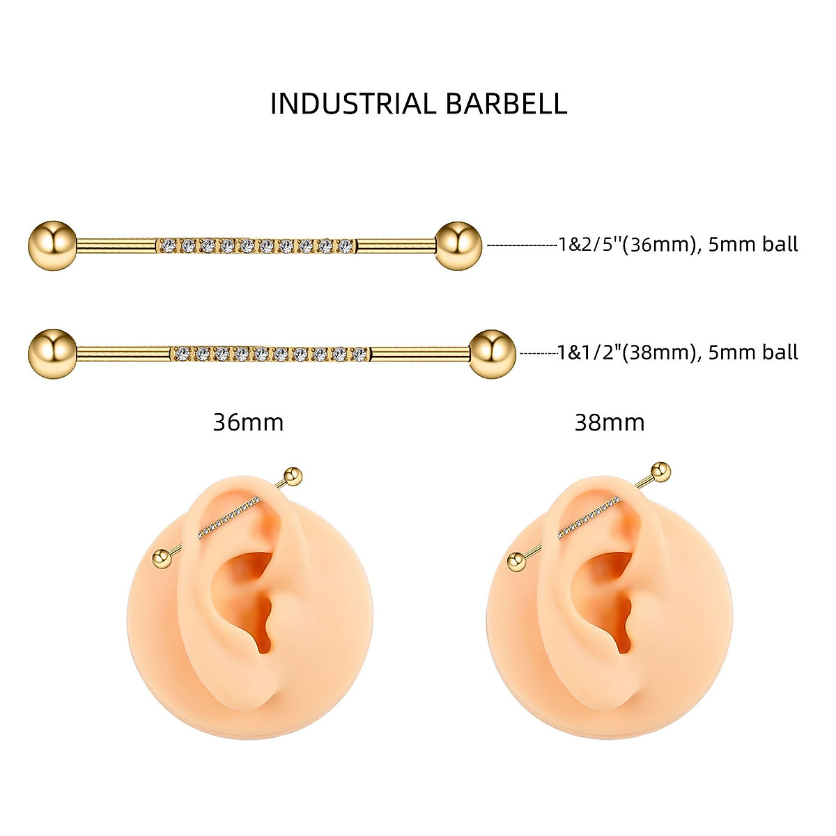 FINE4U Gold Industrial Piercing Jewelry 14G 36mm 1pc - ASTM F136 Titanium Industrial Barbell, Industrial Earrings, Cartilage Body Piercing Jewelry with CZ (1 & 2/5 Inch)