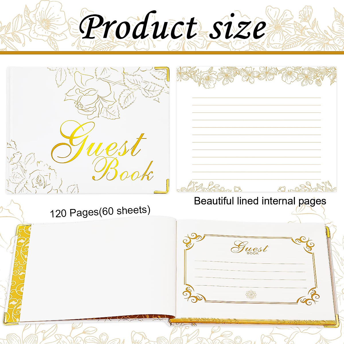 JEWPHX Guest Book with Pen– 9"x7" Hardcover 120 Page/60 Sheets-Gold Foil Gilded Edgesfor Guests to Sign at a Wedding, Party, Baby or Bridal Shower(White)