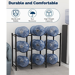 mocomax 5 Gallon Water Jug Rack, Detachable Water Bottle Holder for 9 Bottles, 3 Tier Heavy Duty Water Cooler Jug Rack, Water Bottle Organizer Storage Rack for Kitchen, Office, Living Room, Black