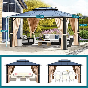 oneinmil 10x13FT Outdoor Polycarbonate Gazebo, Heavy Duty Double Roof Hardtop Gazebo with Aluminum Frame and Netting and Curtains for Patios
