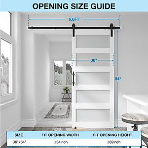 COSHOMER 36in x 84in 5-Panel Sliding Glass Barn Door with 6.6ft Hardware Kit Included, Easy Assembly with Pre-Drilled Holes, Waterproof, Frosted Glass for Bathroom-Fit Max Opening 34in x 82in, White