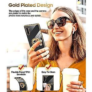 LeYi for Samsung Galaxy Note 10 Plus Case 360° Rotatable Ring Holder Magnetic Kickstand, Plating Rose Gold Edge Protective Case, Black