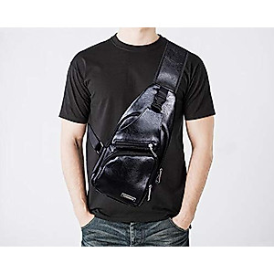 Vintage Men's Leather Sling Bag,Chest Shoulder Backpack, Water waterproof Crossbody Bag with USB Charging Port -Black