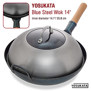 YOSUKATA Wok Lid 13.6 Inch - Premium Stainless Wok Cover with Tempered Glass Insert Steam Holes - Dishwasher-Safe Lid for 14-Inch Wok - Chees Melting Dome for Griddle