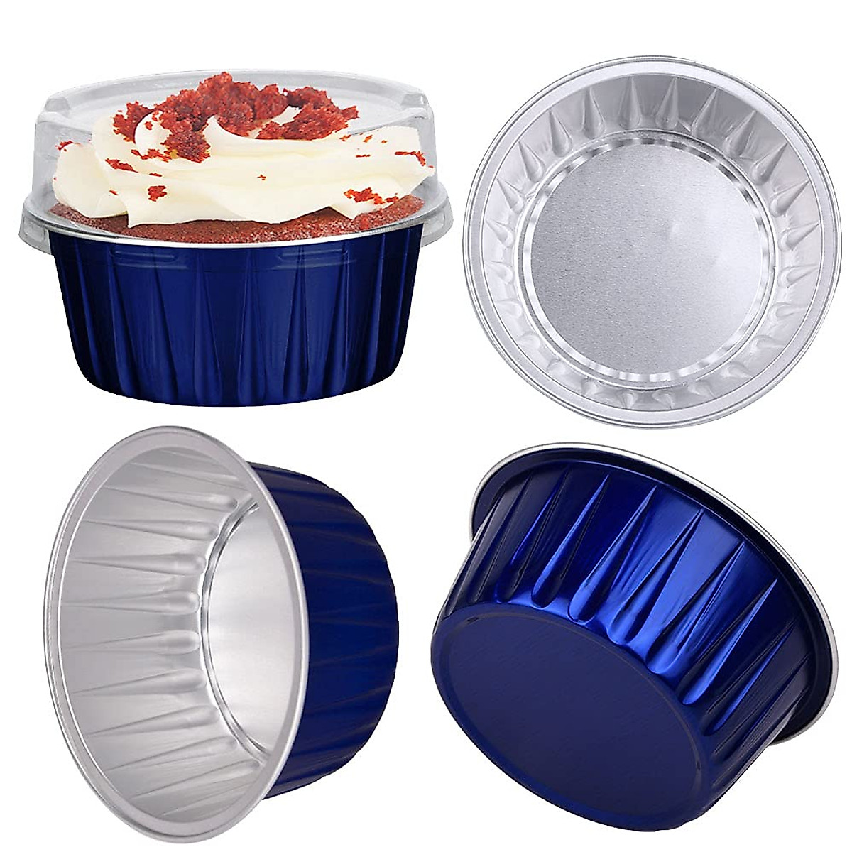 Desserts Foil baking Cups, 5 oz 100 pcs Reusable Cupcake Cups with Lids, Pie Ramekins, Pudding Cups Cake Pans for Wedding,Christmas,Kitchen,Birthday Party,Various Holiday Parties