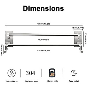 NearMoon Double Towel Bar with Hooks, Bath Accessories Stainless Steel Shower Towel Rack, Towel Rod Holder for Bathroom/Kitchen, Self Adhesive&Wall Mounted Installation (Brushed Nickel, 16 Inch)
