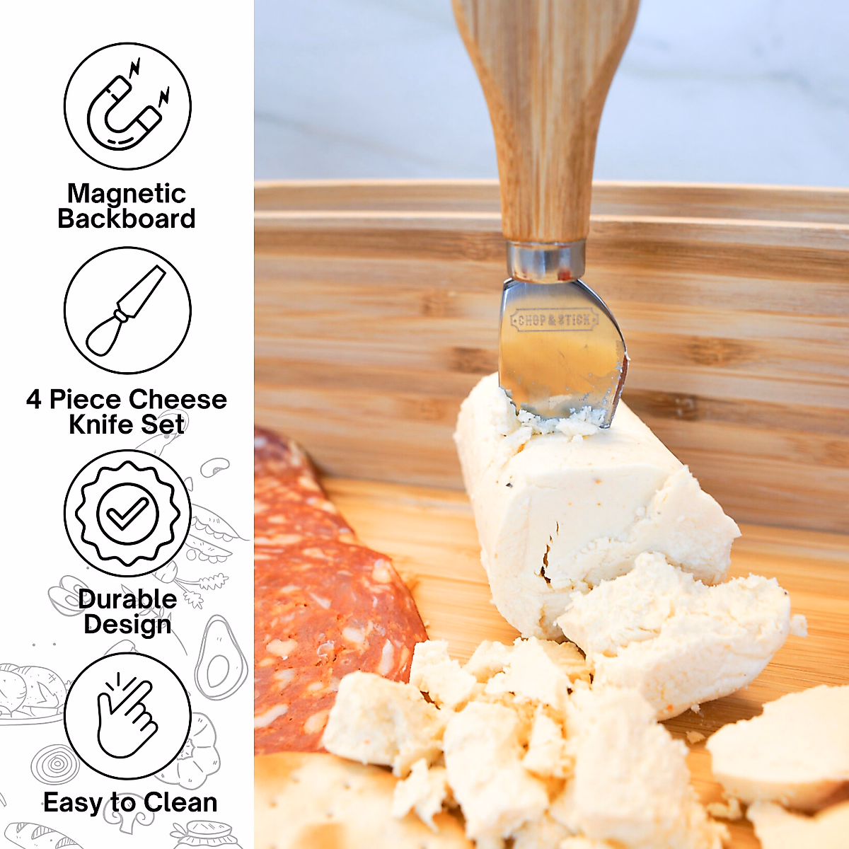 CHOP & STICK Cutting Board and Cheese Knife Set with Magnetic Knife Holder - XXL 18'' x 12'' x 1'' inch Bamboo Charcuterie Board Set, Multifunctional Board